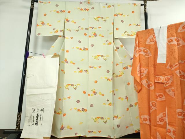 平和屋本店■極上　銀座　志ま亀　小紋・長襦袢(無双仕立て)セット　橘梅花文　若芽色地　縮緬地　たとう紙付き　逸品　DZAA3933kh5