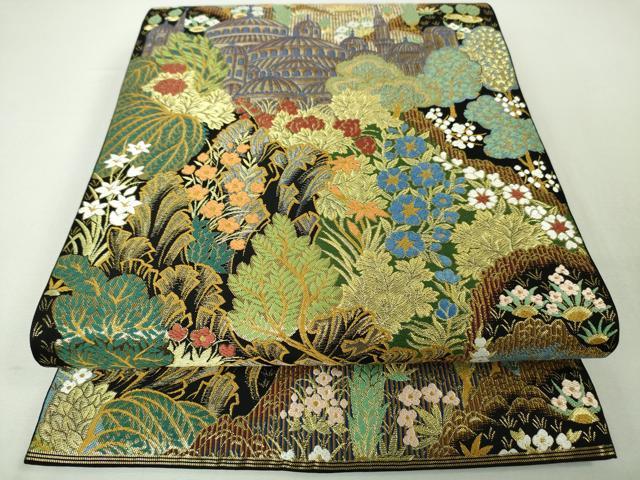 平和屋本店■極上　西陣　川島織物　六通柄　本袋帯　森の中の屋敷　黒地　金糸　逸品　DZAA3958kh5