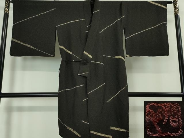 平和屋本店■極上　樋熊哲也　道中着　単衣　ロング丈　絞り　斜線　黒地　銀通し地　反端付き　逸品　DZAA4154kh5