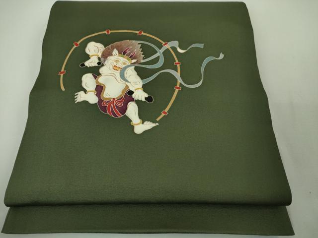 平和屋本店■極上　太鼓柄袋帯　友禅　雷神風神　海松色地　逸品　DZAA4170kh5