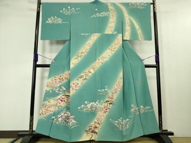 平和屋本店■極上　本加賀友禅作家　三浦江子　訪問着　渡橋風景花文　暈し染め　新橋色地　逸品　DZAA4239kh5