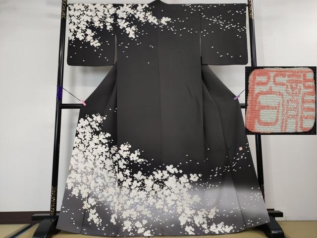 平和屋本店■極上　名門染元　秀美　十日町友禅　訪問着　夜桜　紫黒色地　暈し染め　逸品　DZAA4240kh5