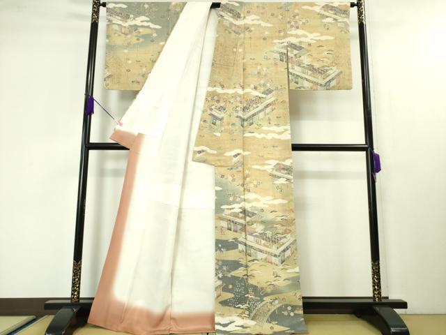 平和屋着物○染織の名門 しょうざん 生紬 訪問着 風景人物草花文