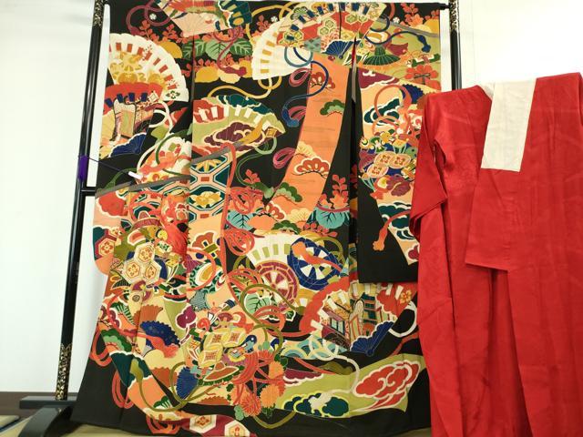 平和屋本店■極上　アンティーク　大正ロマン　振袖・長襦袢(袷)セット　駒刺繍　几帳花鳥文　黒地　金彩　逸品　DZAA4285kh5