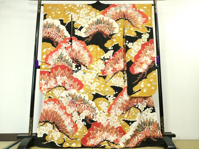 平和屋本店■極上　アンティーク　大正ロマン　振袖　駒刺繍　松竹梅　黒地　金彩　逸品　DZAA4306kh5