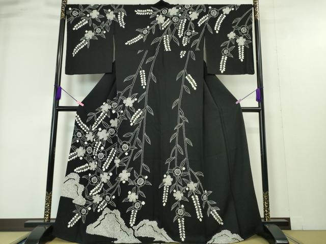 平和屋本店■極上　本疋田絞り　訪問着　枝垂れ花　黒地　逸品　DZAA4446kh5