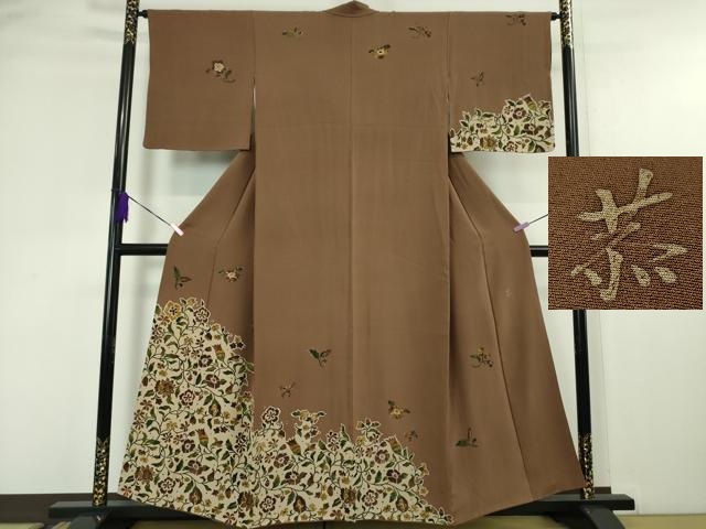 平和屋本店■希少　友禅染色家　品川恭子　訪問着　花唐草文　茶褐色色地　逸品　DZAA4506kh5