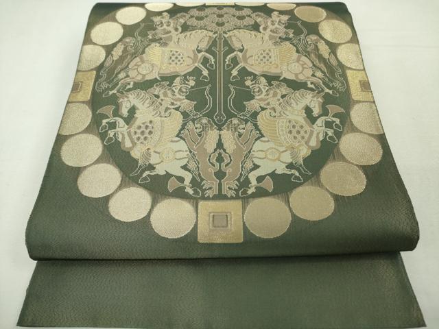 平和屋本店■最高級　人間国宝　北村武資　経錦　六通柄袋帯　狩猟連珠紋　藍媚茶色地　金糸　逸品　未使用　DZAA4549kh5