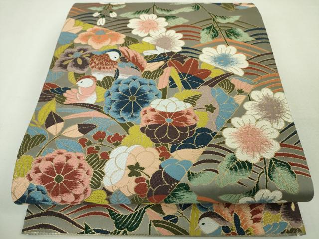 平和屋本店■極上　西陣　白綾苑大庭　六通柄袋帯　立波鴛鴦花文　金糸　逸品　DZAA4554kh5