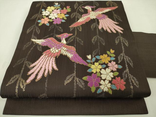 平和屋本店■極上　九寸名古屋帯　鳳凰枝垂れ花文　黒紅色地　金糸　三越扱い　逸品　DZAA4559kh5