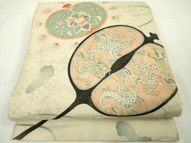 平和屋本店■極上　アンティーク　大正ロマン　両面　全通柄袋帯　引き抜き帯　軍配　龍　獅子　逸品　DZAA4576kh5