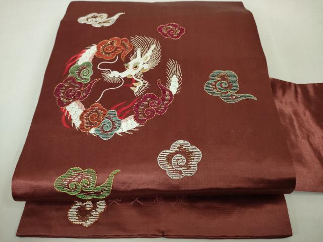 平和屋本店■極上　アンティーク　大正ロマン　九寸名古屋帯　総刺繍　駒刺繍　御幸唐織　龍　飛雲　金糸　逸品　DZAA4580kh5