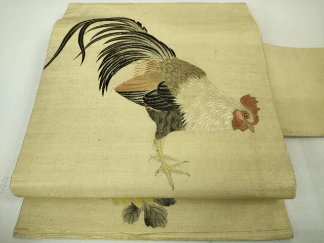 平和屋本店■極上　アンティーク　大正ロマン　九寸名古屋帯　手刺繍　にわとり　鶏　菊　金糸　逸品　DZAA4582kh5