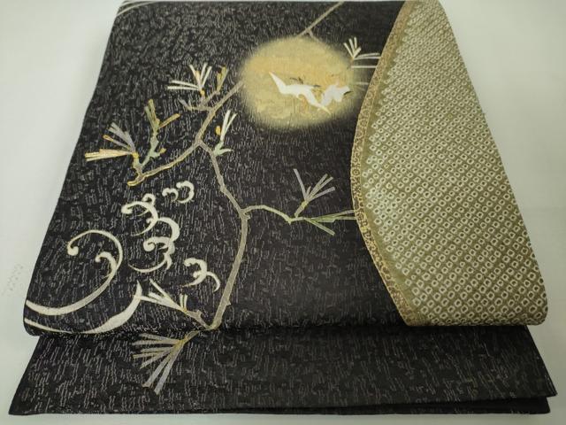 平和屋本店■極上　十日町 名門青柳高級ブランド　大喜百花　六通柄袋帯　駒刺繍　鶴　松　黒紅色地　金通し地　逸品　未使用　DZAA4600kh5