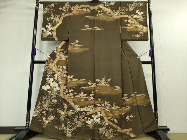 平和屋本店■極上　訪問着　駒刺繍　吉祥花文　涅色地　金彩　逸品　未使用　DZAA4629kh5