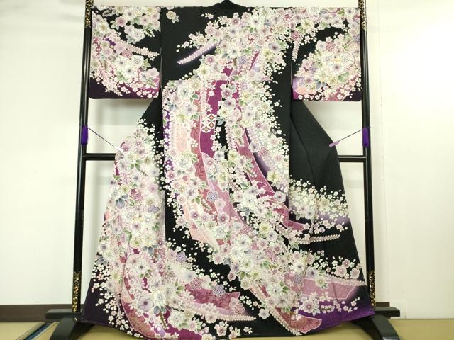 平和屋本店□極上 訪問着 友禅 更紗花唐草文 金彩 紫黒色地