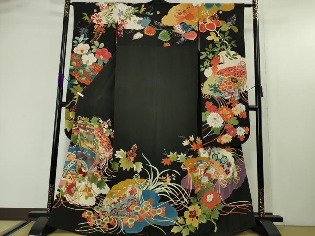 平和屋本店■極上　アンティーク　大正ロマン　振袖　檜扇御所車花文　黒地　金彩　逸品　DZAA4679kh5