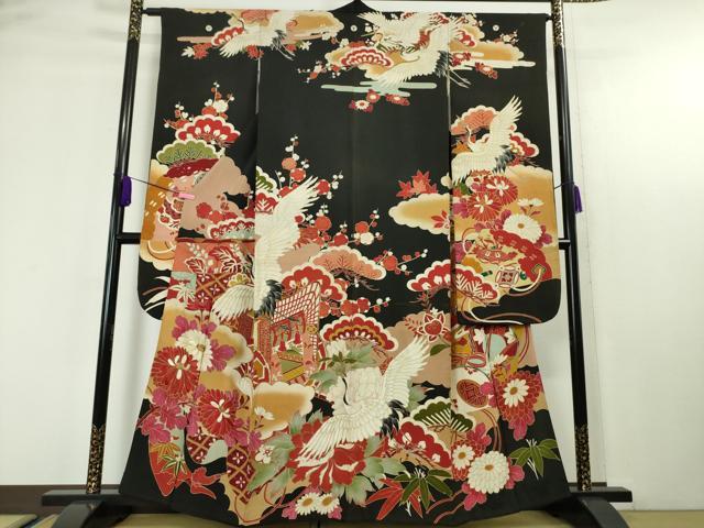 平和屋本店■極上　アンティーク　大正ロマン　振袖　駒刺繍　御所車飛鶴花文　黒地　逸品　DZAA4680kh5