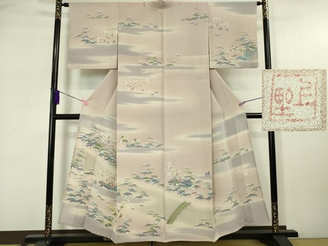 平和屋本店■極上　京友禅の人間国宝　上野為二　訪問着　単衣　御所解文　薄柿色地　暈し染め　鬼しぼ縮緬　逸品　DZAA4707kh5