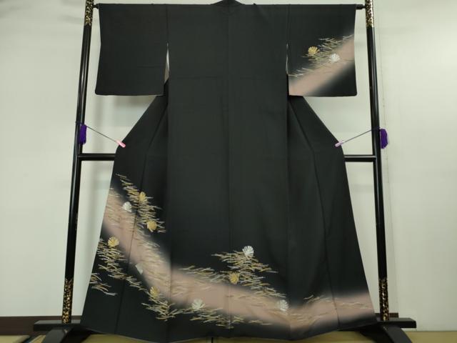 平和屋本店■極上　訪問着　刺繍　松　こぼれ松葉　紫黒色地　暈し染め　金銀糸　逸品　DZAA4729kh5
