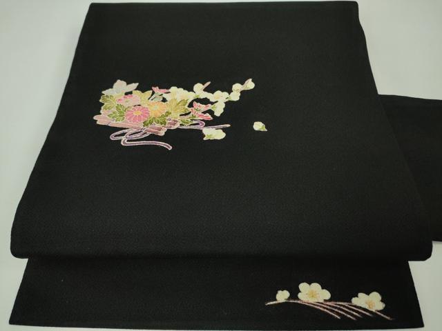 平和屋本店■極上　本加賀友禅作家　大村洋子　九寸名古屋帯　花筏　黒地　鬼しぼ縮緬　逸品　DZAA4742kh5
