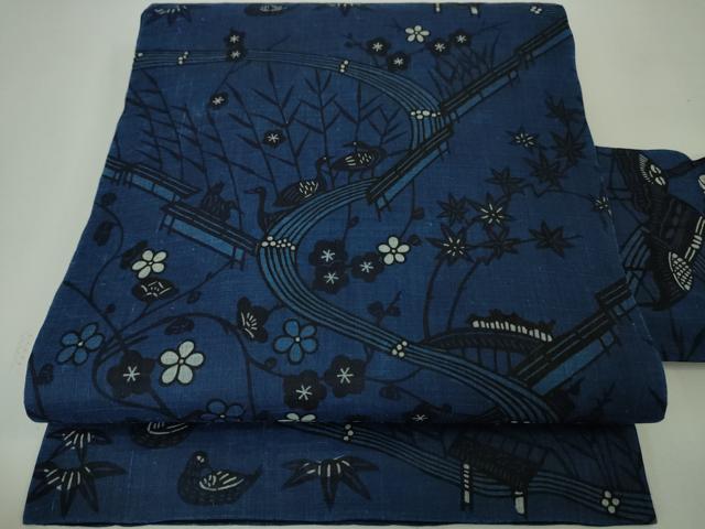 平和屋本店■最高級　夏物　城間栄順　本場琉球紅型　九寸名古屋帯　藍型　風景花鳥文　麻　逸品　DZAA4787kh5