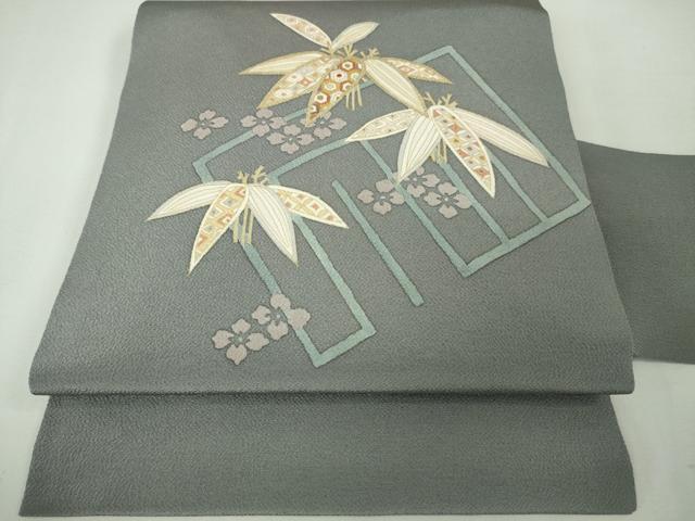 平和屋本店□極上 九寸名古屋帯 駒刺繍 御所解文 老竹色地 金彩 鬼しぼ