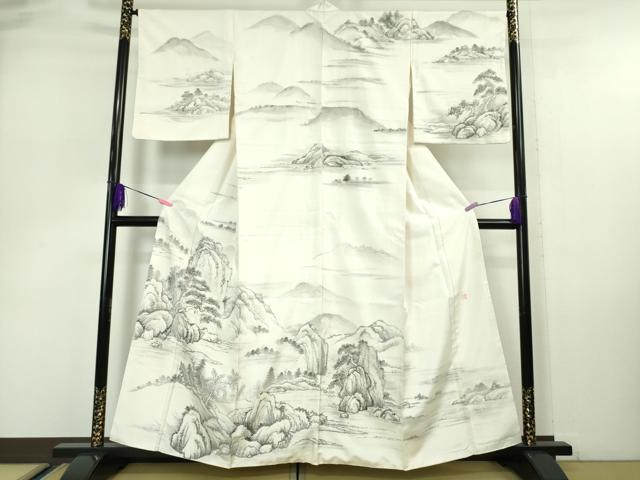 平和屋本店■極上　石川県指定無形文化財　牛首紬　白山工房　手織り　訪問着　手描き　風景松文　逸品　DZAA4844kh5