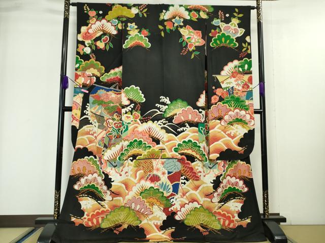 平和屋本店■極上　アンティーク　大正ロマン　振袖　駒刺繍　御所車吉祥花松文　黒地　金彩　逸品　DZAA4855kh5