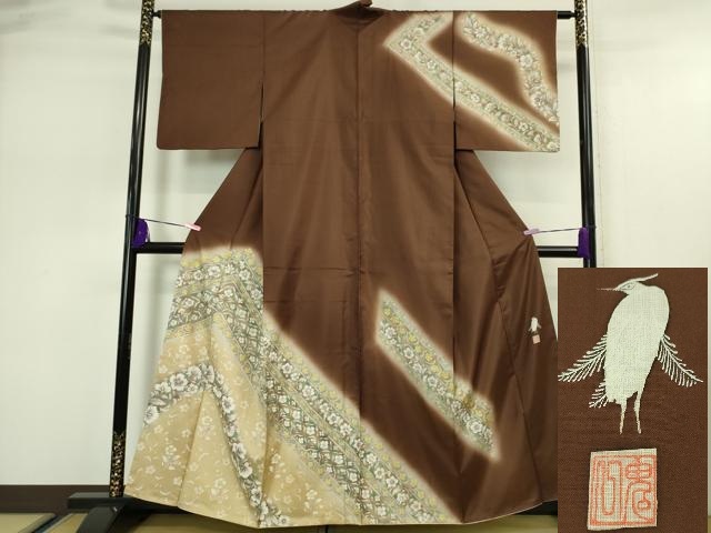 平和屋本店■極上　東京友禅　菅有鬼一　訪問着　白山紬地　手描き　草花文　銀彩　逸品　DZAA4905kh5