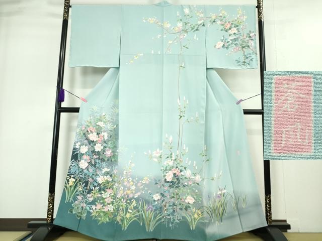 平和屋本店■極上　十日町友禅作家　岡村蒼風　訪問着　四季花文　白藍色地　暈し染め　逸品　DZAA4963kh5