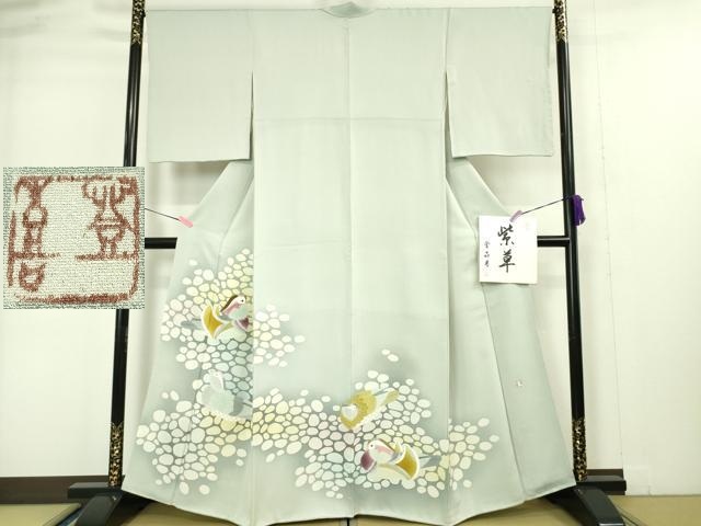 平和屋本店■極上　人間国宝・羽田登喜男　色留訪問着　鴛鴦　紫草　秘色色地　暈し染め　色紙付き　逸品　DZAA4986kh5