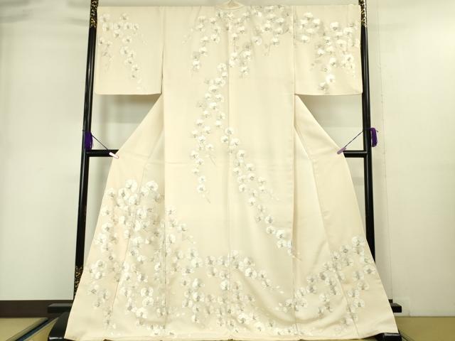 平和屋本店■極上　訪問着　総刺繍　スパンコール　胡蝶蘭　薄卵色地　金糸　ロング丈　逸品　DZAA5019kh5