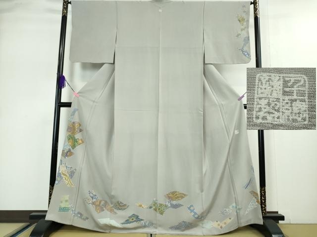 平和屋本店■極上　創業460年・千總　訪問着　刺繍　名物裂切嵌花鳥文　錫色地　金糸　高島屋扱い　逸品　DZAA5046kh5