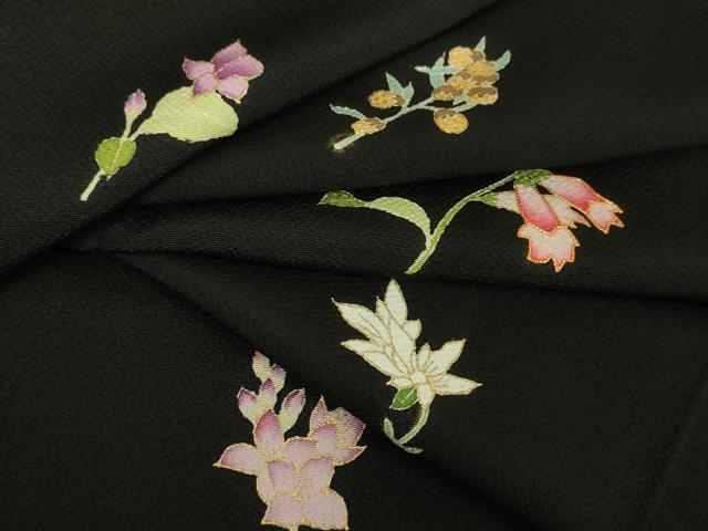 平和屋本店□極上 訪問着 駒刺繍 草花文 黒地 金彩 鬼しぼ縮緬