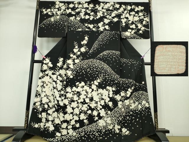 平和屋本店■極上　名門染元　秀美　十日町友禅　龍谷　訪問着　夜桜　黒地　金彩　反端付き　逸品　未使用　DZAA5073kh5