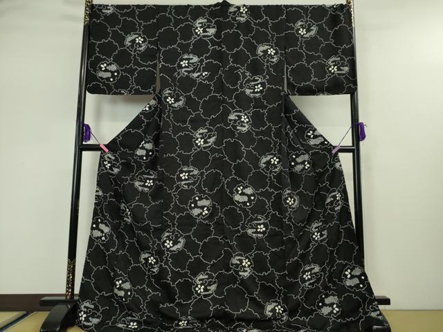 平和屋本店■極上　小紋　絞り　雪輪花文　黒地　ロング丈　逸品　DZAA5213kh5