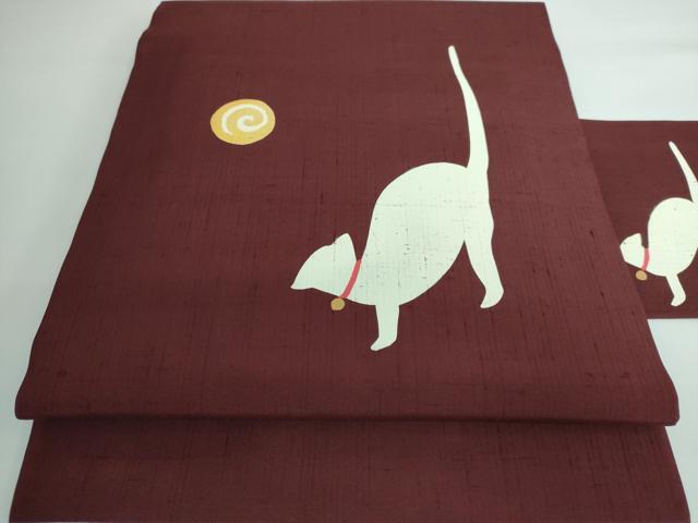 平和屋本店■極上　九寸名古屋帯　紬地　猫　赤褐色地　逸品　DZAA5292kh5