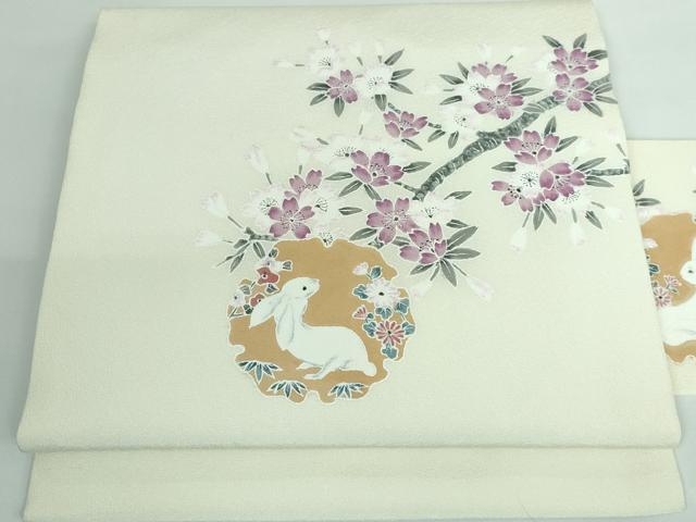平和屋本店■極上　九寸名古屋帯　作家物　手描き　雪輪花兎　枝桜　蒸栗色地　銀彩　逸品　DZAA5332kh5