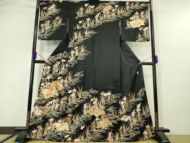 平和屋本店■極上　十日町老舗ブランド　吉澤友禅　吾妻徳穂　訪問着　駒刺繍　冊子花鳥文　千鳥　黒地　金彩　逸品　DZAA5335kh5