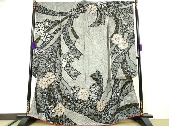 平和屋本店■極上　振袖　総絞り　駒刺繍　束ね熨斗花文　黒地　金糸　逸品　DZAA5349kh5