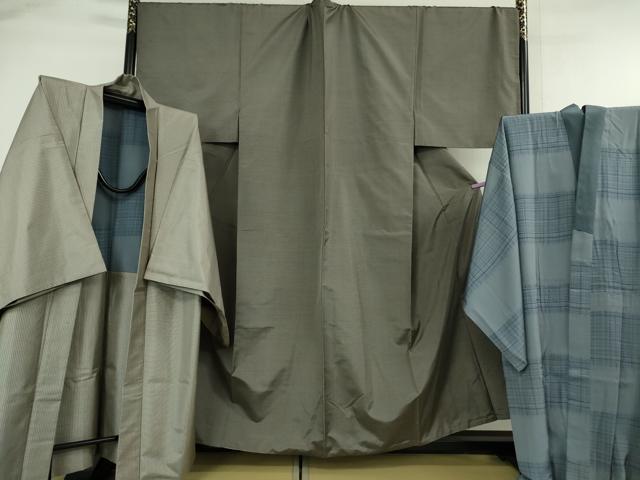 平和屋本店■極上　男性 お召 アンサンブル 長羽織・長襦袢(袷) 3点セット キングサイズ 着物・煤色地　羽織・潤色地　逸品　DZAA5374kh5