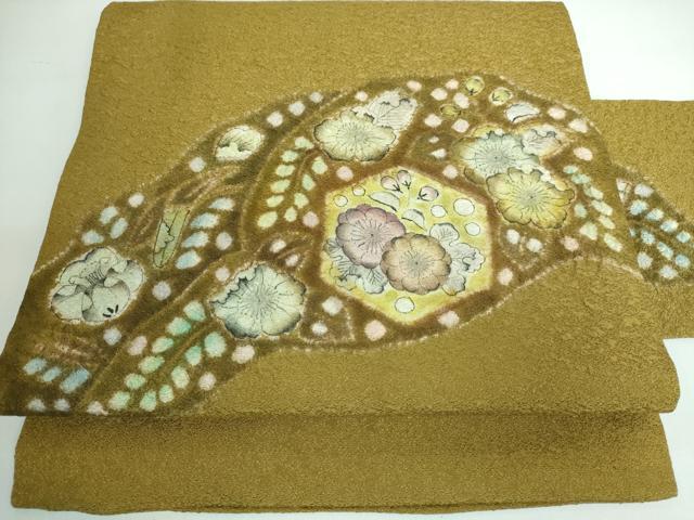 平和屋本店■極上　樋熊哲也　辻が花　絞り　手描き　九寸名古屋帯　梅幸茶色地　逸品　DZAA5496kh5