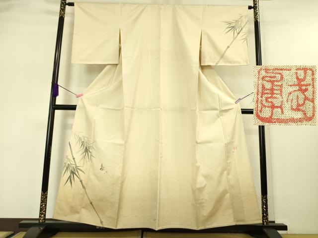 平和屋本店■極上　伝統工芸士　曽根武勇　訪問着　紬地　単衣　笹竹に雀　手描き　暈し染め　金通し地　逸品　未使用　DZAA5553kh5