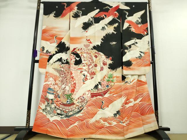 平和屋本店■極上　アンティーク　大正ロマン　振袖　刺繍　飛鶴　宝船　黒地　金彩　逸品　DZAA5586kh5