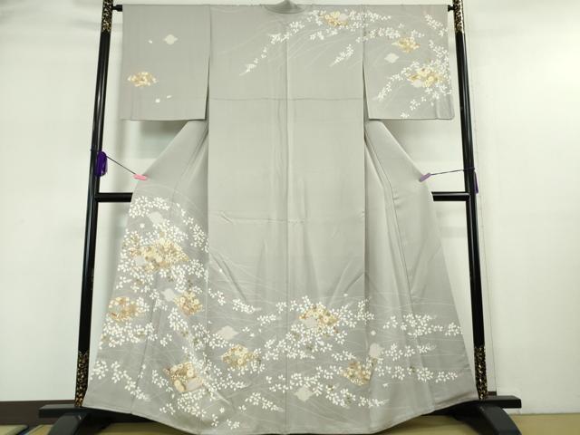 平和屋本店■極上　訪問着　駒刺繍　枝萩　松皮菱花文　牡丹鼠色地　金彩　逸品　DZAA5588kh5