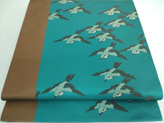 平和屋本店■極上　世界的人形師　辻村寿三郎　ジュサブロー　六通柄袋帯　雀　青碧色地　逸品　DZAA5668kh5