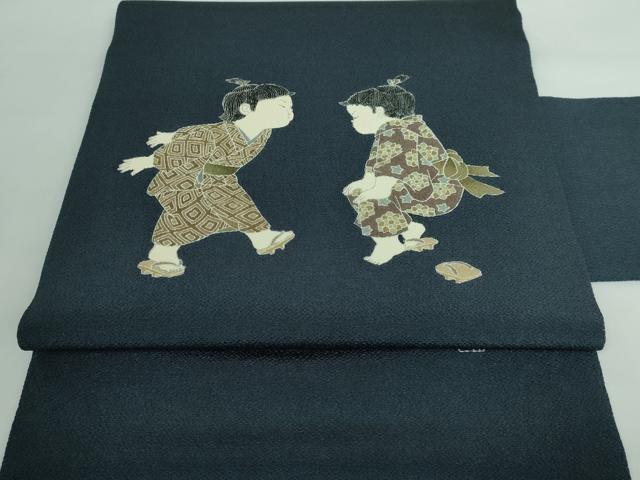 平和屋本店■極上　十日町友禅作家　関口遼一　九寸名古屋帯　童子　鬼しぼ縮緬　百入茶色地　逸品　DZAA5693kh5