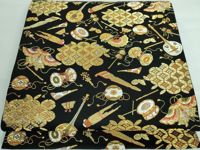 平和屋本店■極上　西陣　河合美術織物謹製　六通柄袋帯　唐織　楽器　黒地　金糸　逸品　DZAA5724kh5