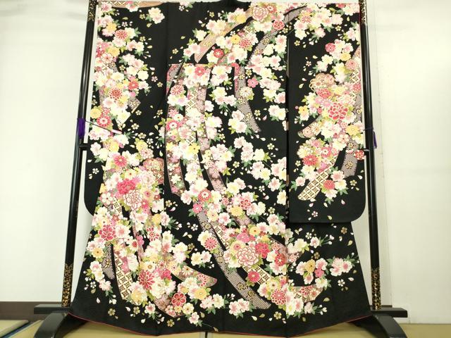 平和屋本店■極上　振袖　鬘帯吉祥花文　黒地　金彩　逸品　DZAA5741kh5